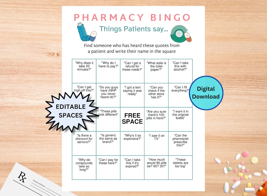 Editable Pharmacy Bingo for Pharmacists, Pharmacy Techs. Fun Work Game ...
