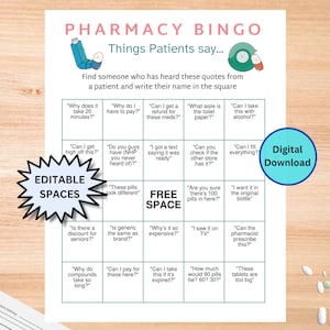 Editable Pharmacy Bingo for Pharmacists, Pharmacy Techs. Fun Work Game ...