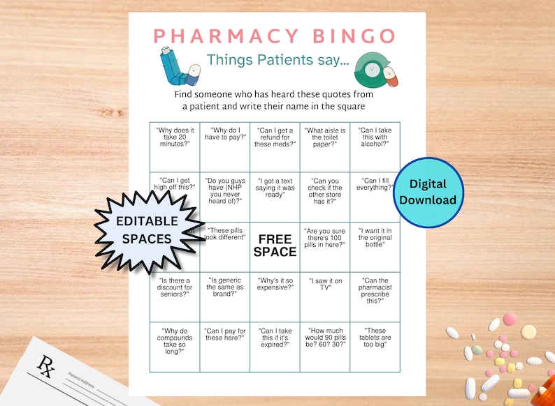 Editable Pharmacy Bingo for Pharmacists, Pharmacy Techs. Fun Work Game ...