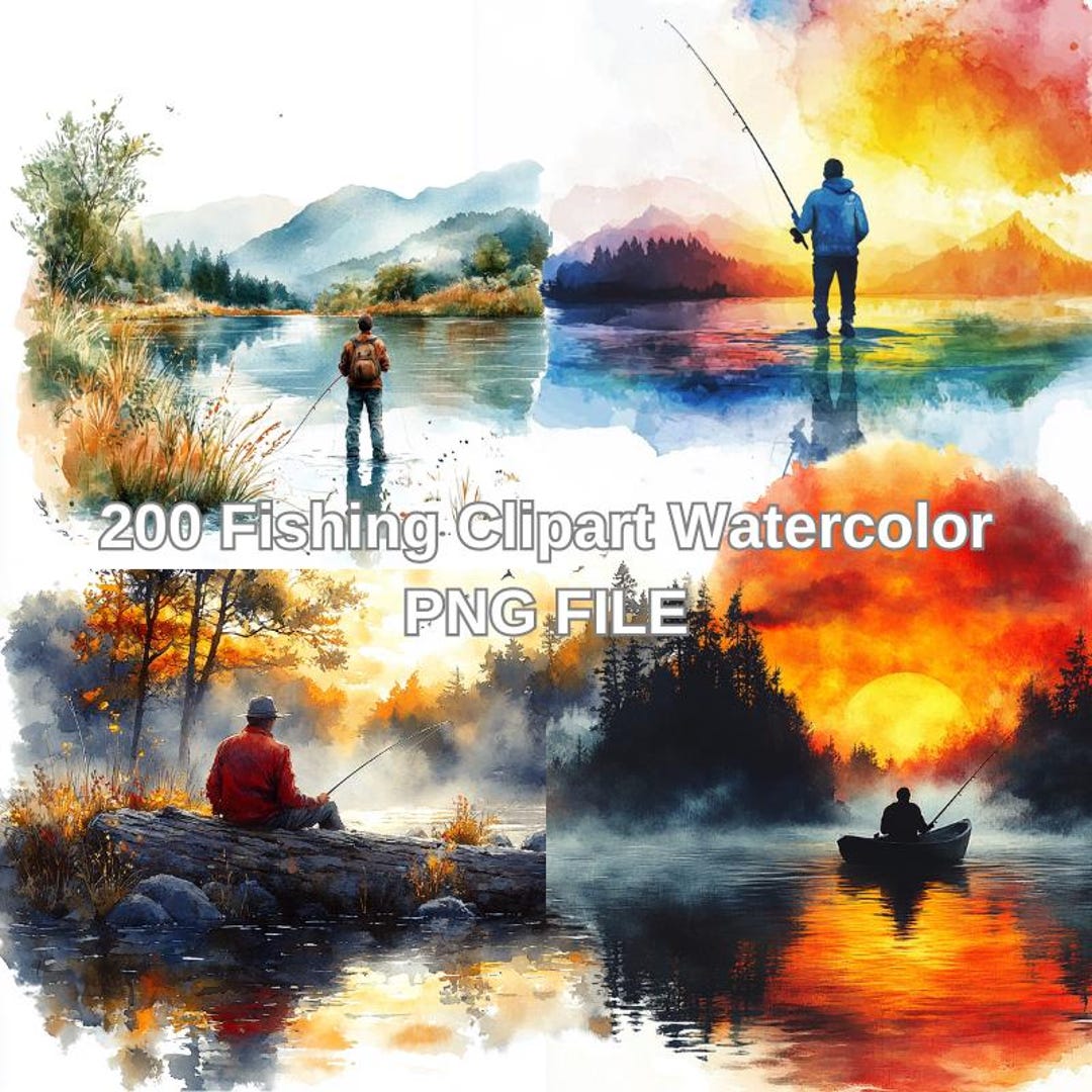 Fishing Clipart Set - 200 PNG, Boat Landscape, Watercolor - High ...
