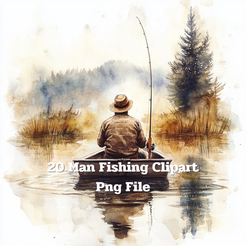 Fishing Clipart Set - 20 Man, Boat Landscape, Watercolor - High Quality ...