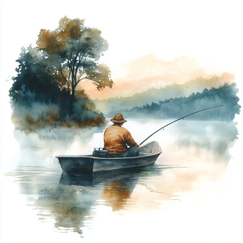 Fishing Clipart Set - 20 Man, Boat Landscape, Watercolor - High Quality ...