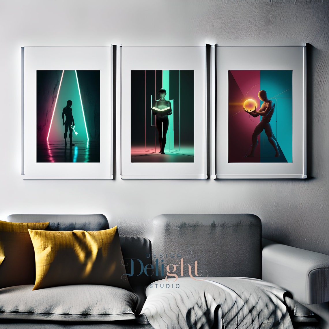 Minimalist Neon Sci-fi Art Set, Futuristic Silhouettes, Abstract Art ...