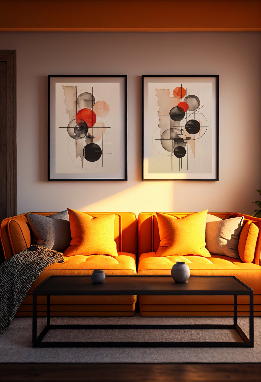 Modern Minimalist Wall Art Set - Abstract Orange and Red Watercolor ...
