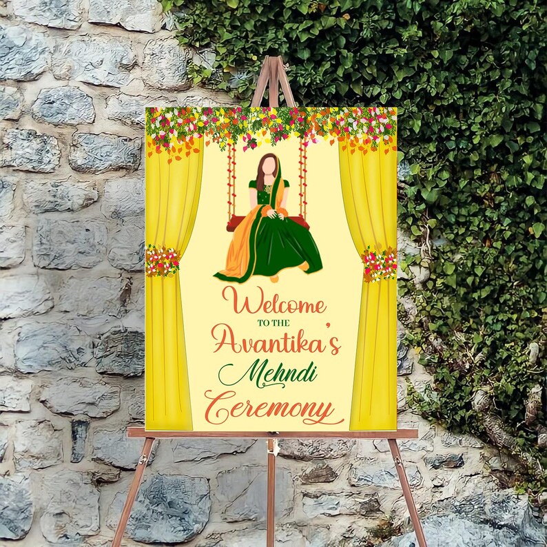 Indian Mehndi Sign, Hindu Mehndi Ceremony Welcome Sign Board, Indian ...