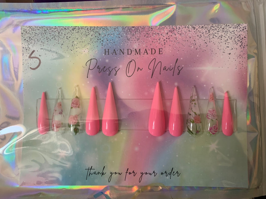 Press on Nails XL Stiletto Pink Floral Bop Size S - Etsy