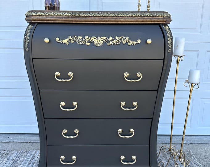 SOLD* Bombay 5 Drawer - Tallboy Dresser - Black & Gold With Jacobean ...