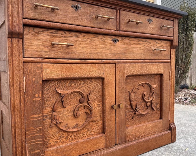 Refinished Solid Oak Kitchen Island / Bar – Honey Stain & Antique Brass ...