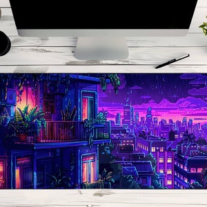 Pixel Art Steamwave Cyberpunkdesk Mat, City Purple Neon Desk Pad ...