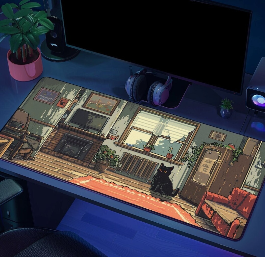 Cute Cat Pixel Art Desk Mat, Retro Lofi Pixel Art Mouse Pad, Kawaii Cat ...