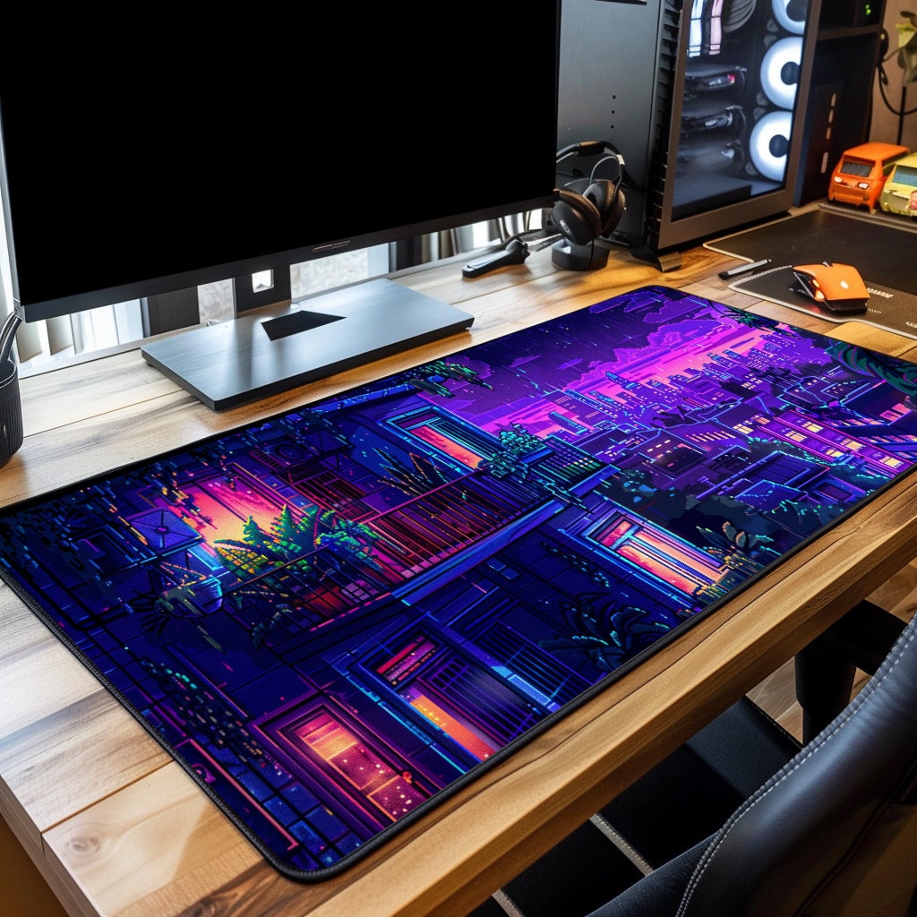 Pixel Art Steamwave Cyberpunkdesk Mat, City Purple Neon Desk Pad ...