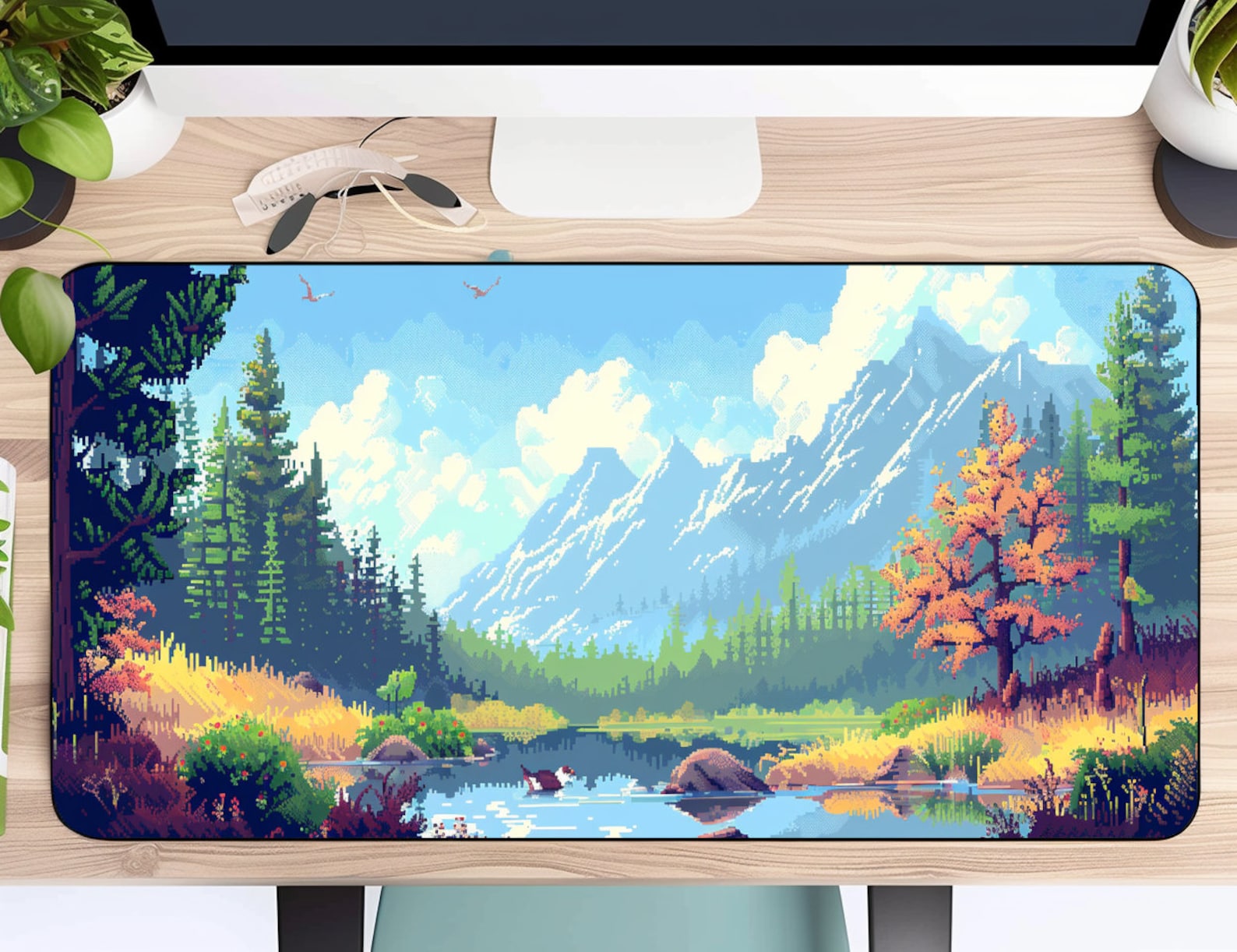 Pixel Art Nature Desk Mat, Mountain Forest Pixel Art Mouse Pad, 8bit ...