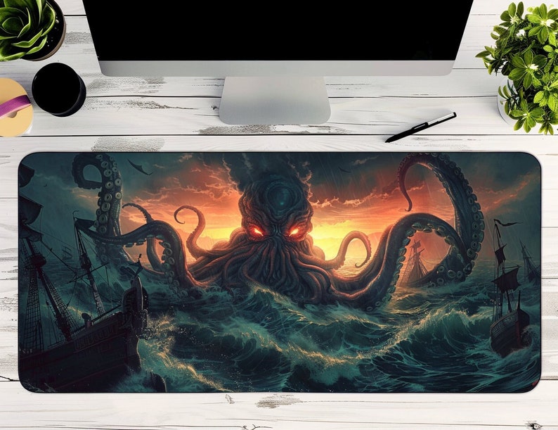 Cthulhu Rising Desk Mat, Cool Sea Monster Desk Pad, Gaming Mouse Pad ...