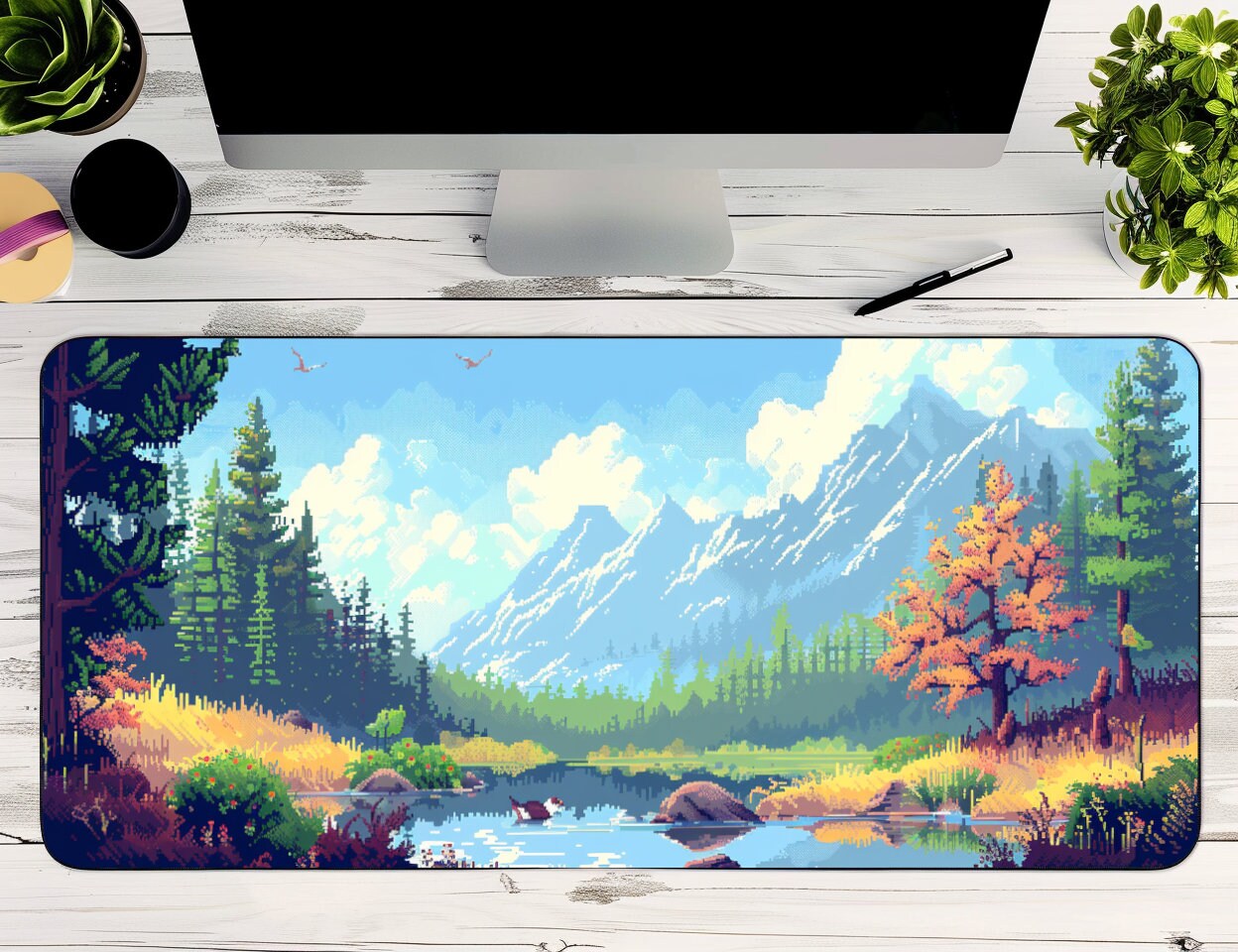 Pixel Art Nature Desk Mat, Mountain Forest Pixel Art Mouse Pad, 8bit ...