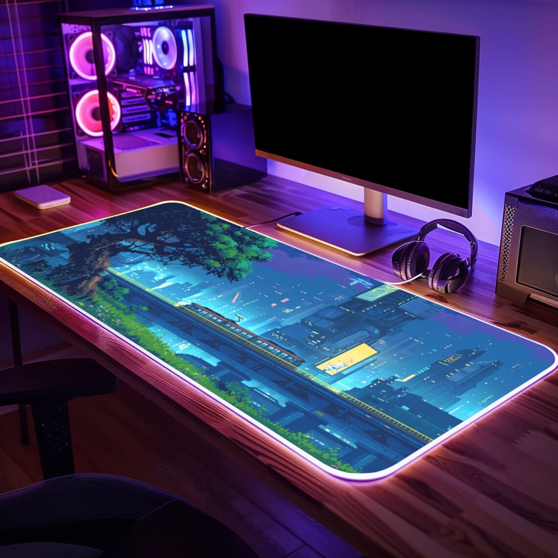 Lofi Train Pixel Art Desk Mat, Cyberpunk Mouse Pad, Extended Mouse Pad ...