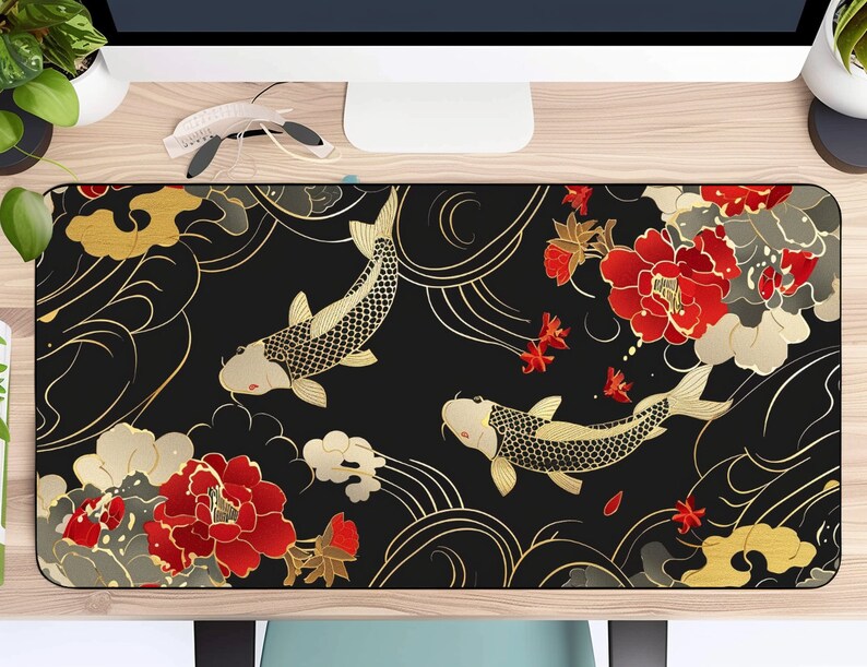 Ancient Japanese Desk Mat, Koi Fish Desk Mat, Japanese Themed Mouse Pad ...