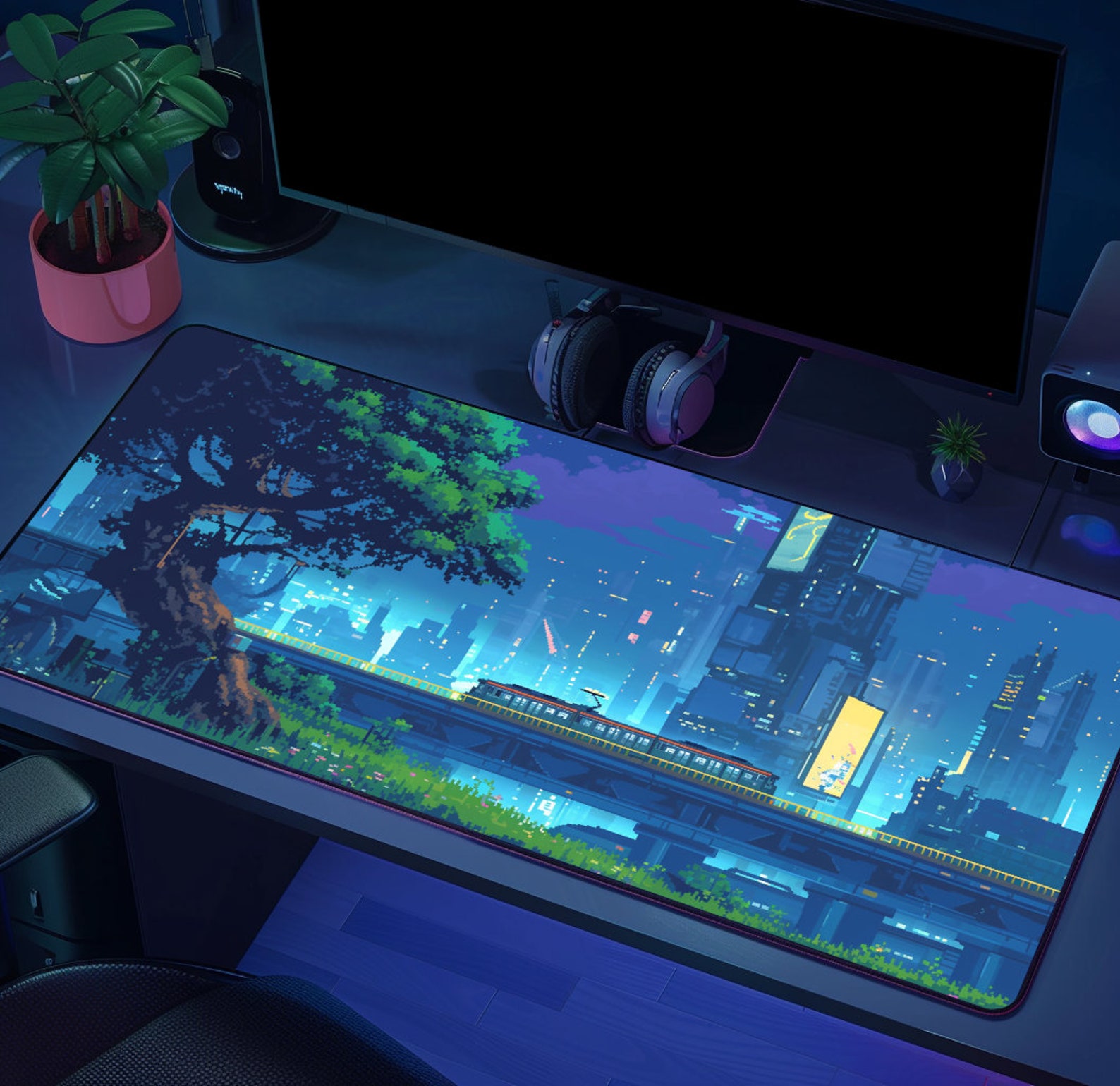 Lofi Train Pixel Art Desk Mat, Cyberpunk Mouse Pad, Extended Mouse Pad ...