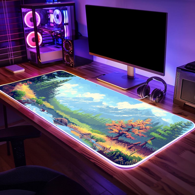 Pixel Art Nature Desk Mat, Mountain Forest Pixel Art Mouse Pad, 8bit ...