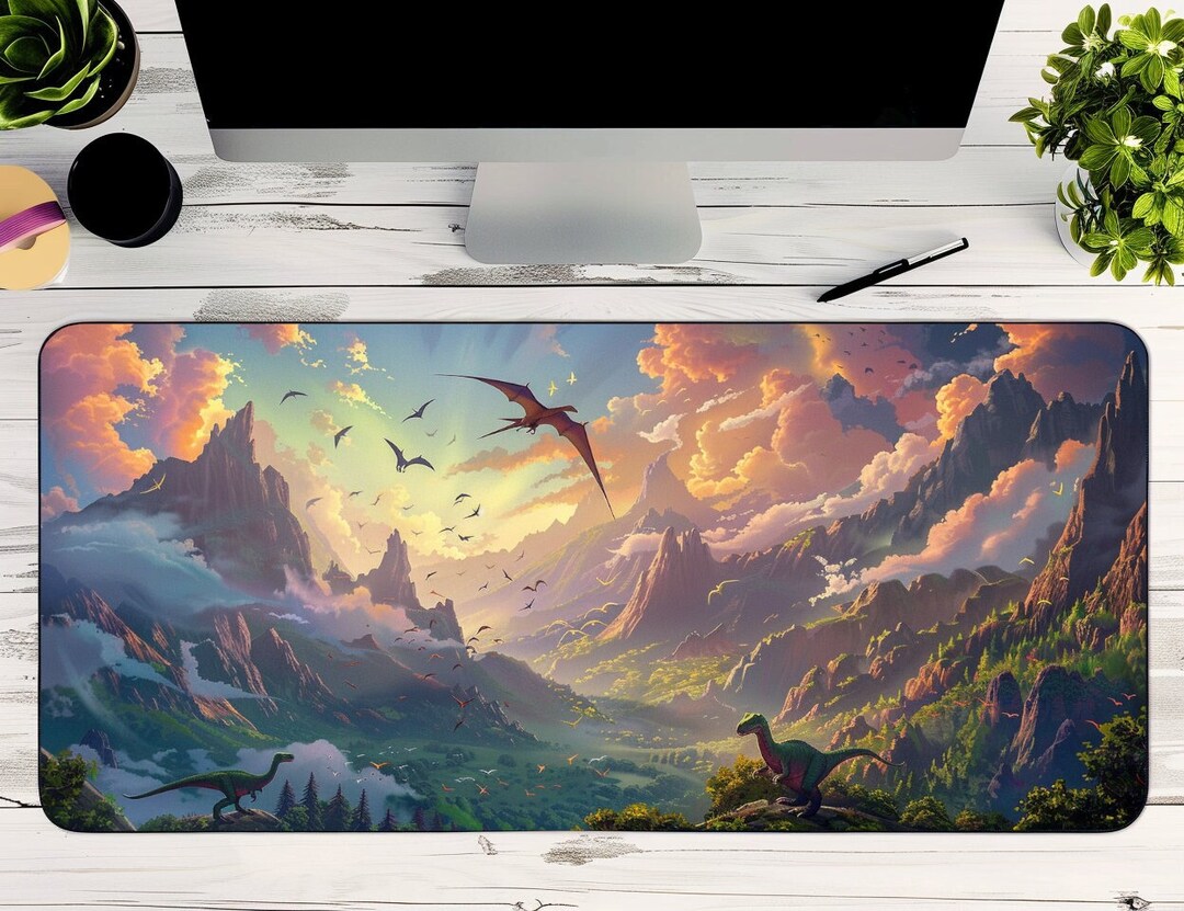 Primal Panorama Desk Mat, Dinosaur Desk Mat, Dinosaur Landscape Desk ...