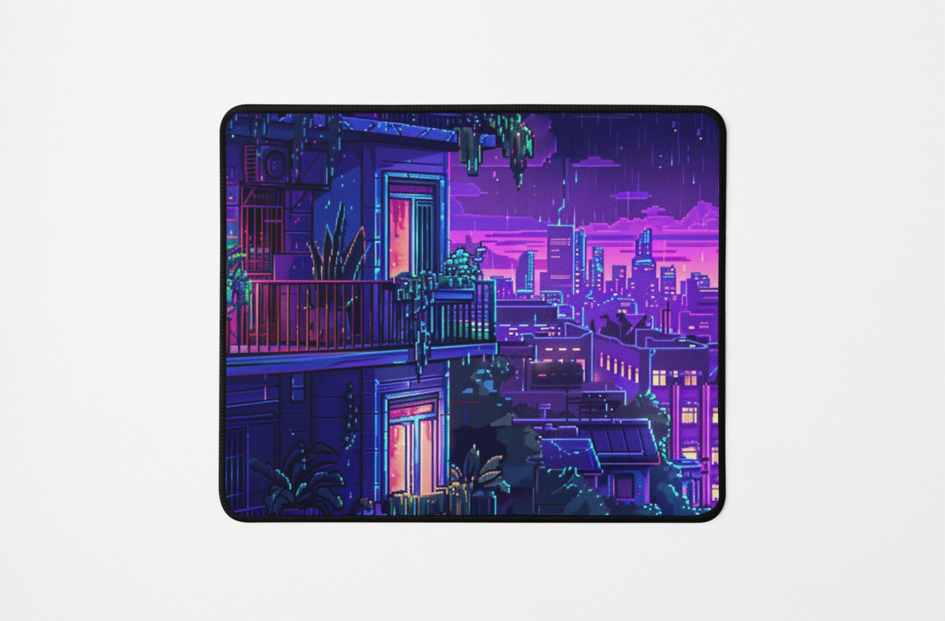 Pixel Art Steamwave Cyberpunkdesk Mat, City Purple Neon Desk Pad ...
