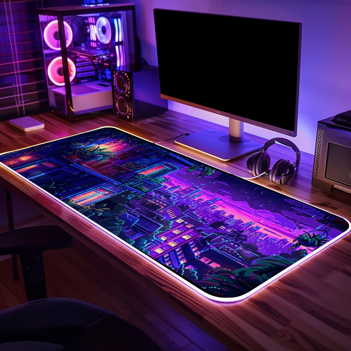 Pixel Art Steamwave Cyberpunkdesk Mat, City Purple Neon Desk Pad ...