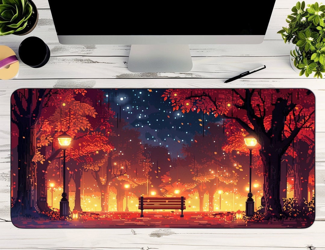 Pixel Art Autumn Desk Mat, Lofi Aesthetic Park Mousepad, 8 Bit Retro ...