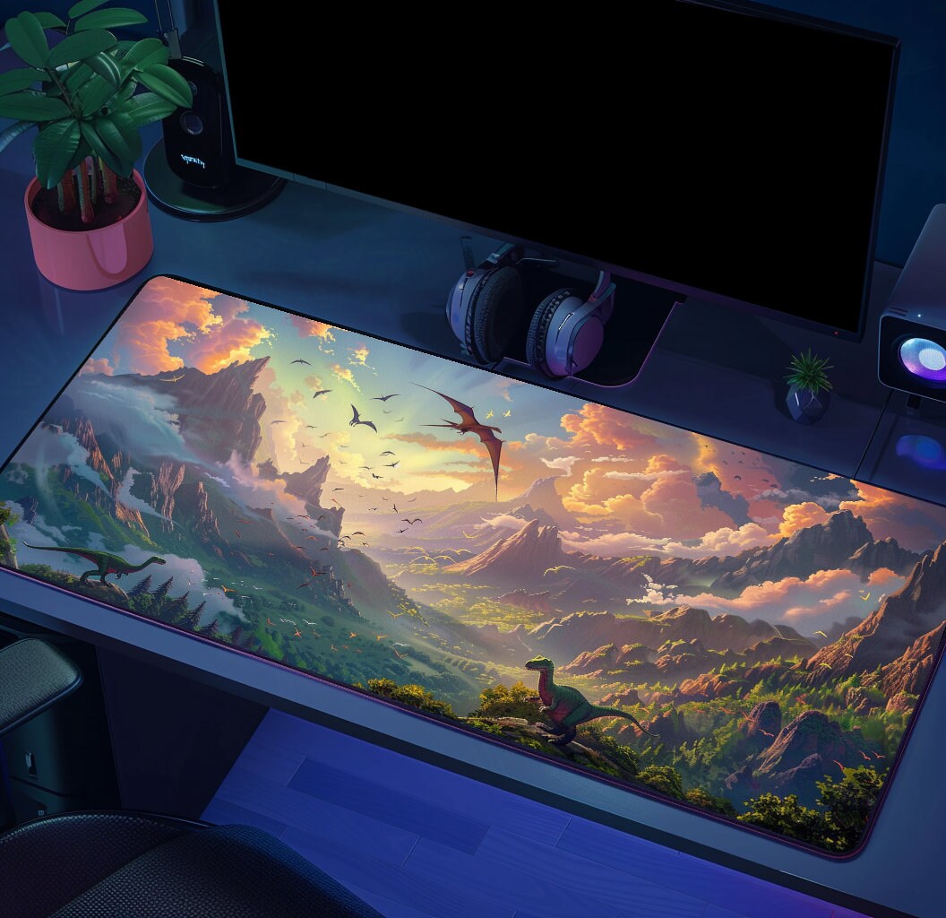 Primal Panorama Desk Mat, Dinosaur Desk Mat, Dinosaur Landscape Desk ...
