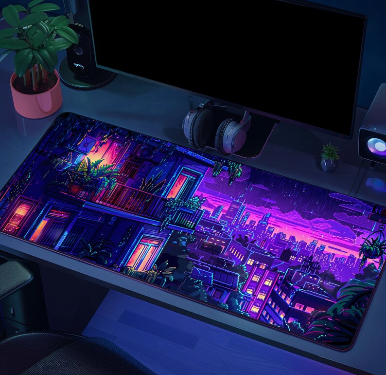 Pixel Art Steamwave Cyberpunkdesk Mat, City Purple Neon Desk Pad ...