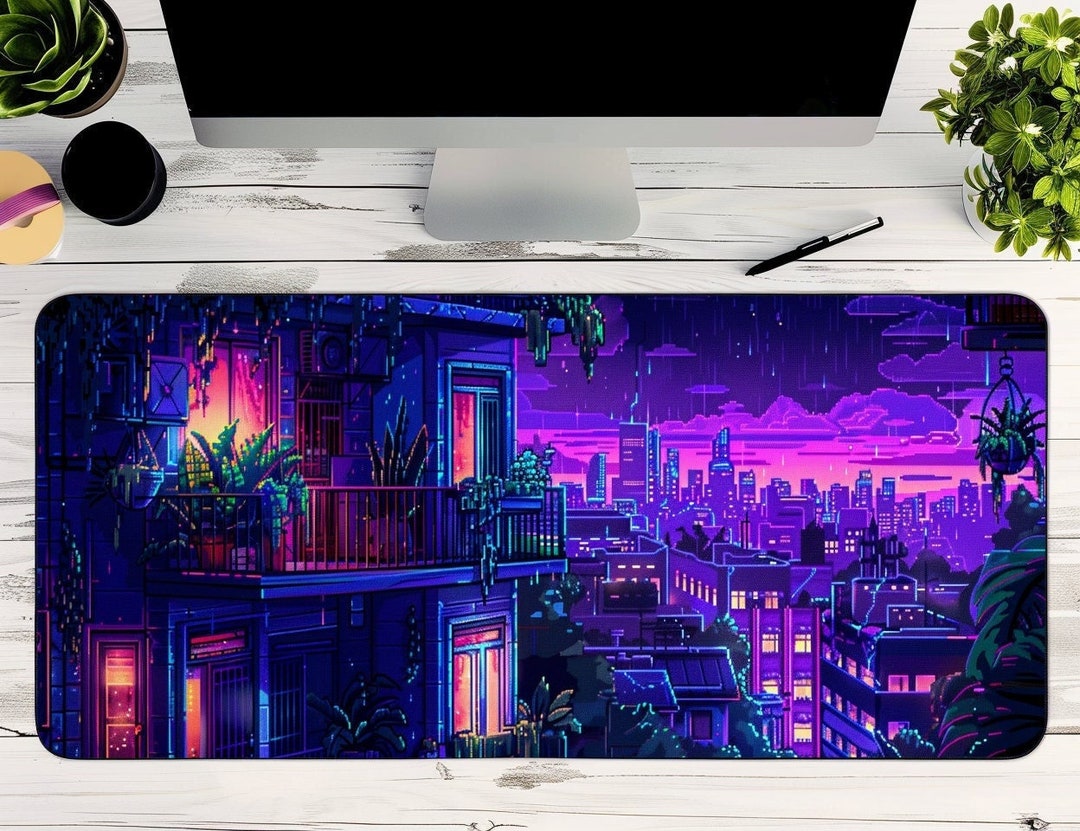 Pixel Art Steamwave Cyberpunkdesk Mat, City Purple Neon Desk Pad ...