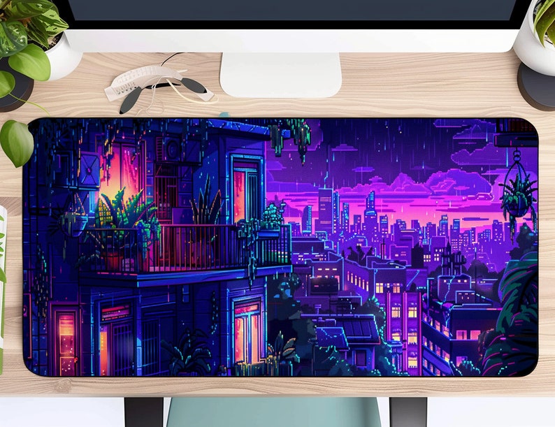 Pixel Art Steamwave Cyberpunkdesk Mat, City Purple Neon Desk Pad ...
