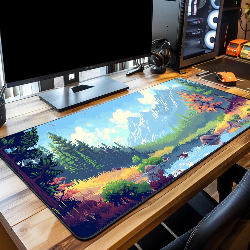 Pixel Art Nature Desk Mat, Mountain Forest Pixel Art Mouse Pad, 8bit ...