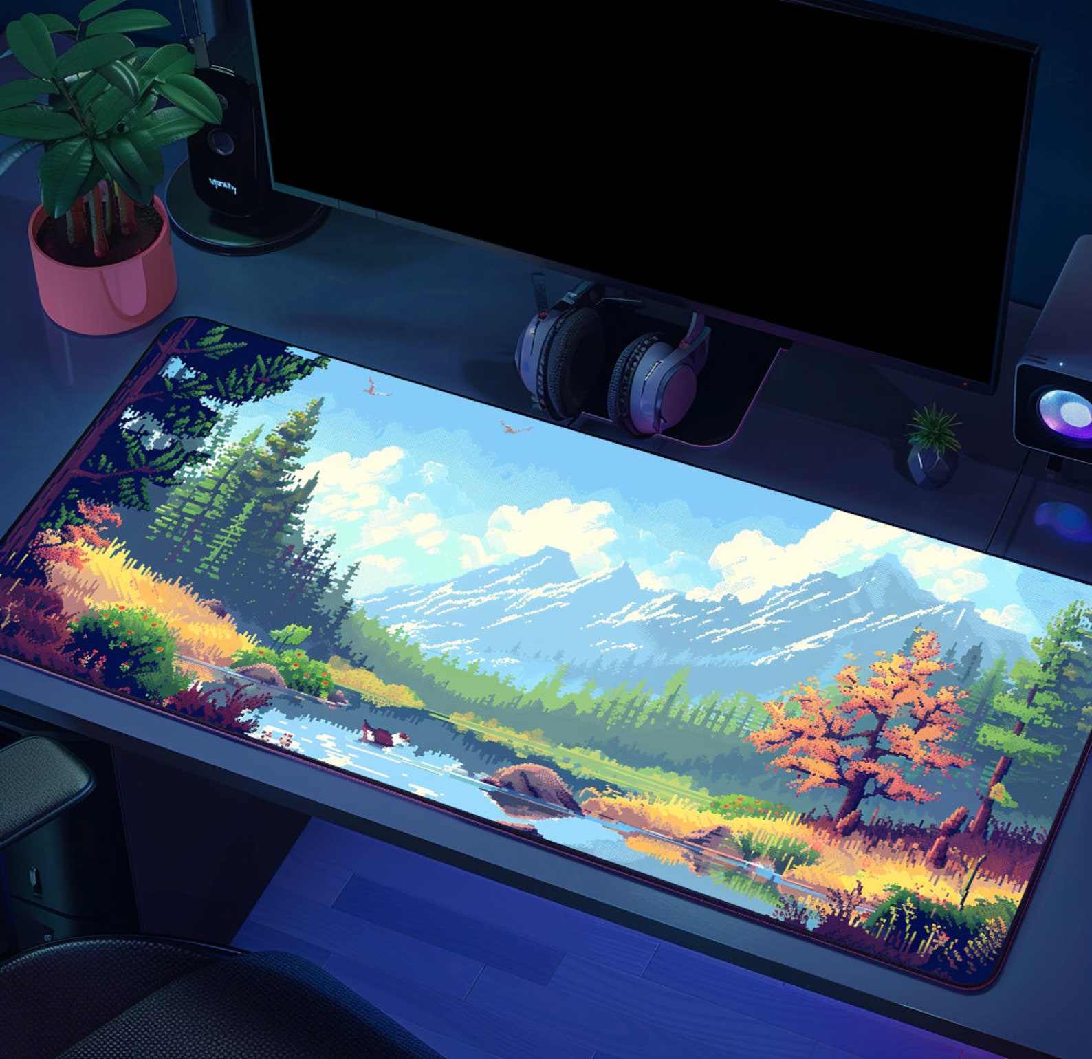 Pixel Art Nature Desk Mat, Mountain Forest Pixel Art Mouse Pad, 8bit ...