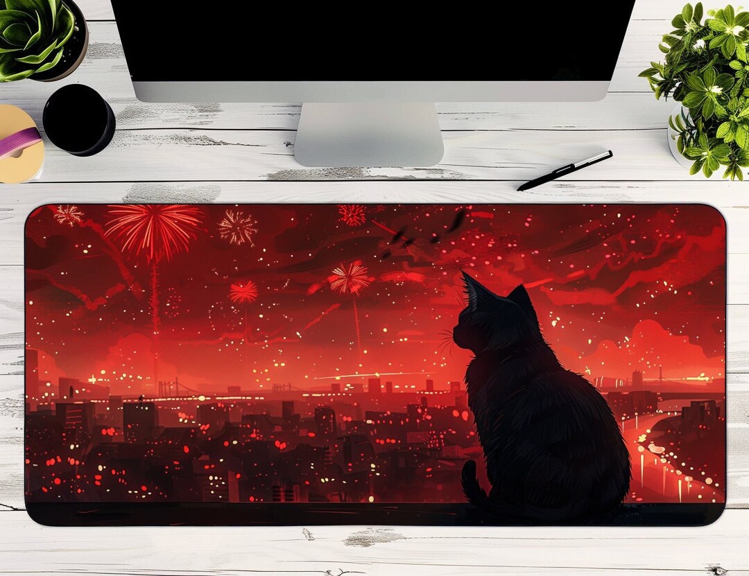 Firework Black Cat Desk Mat, Red Gaming Mouse Pad, Anime Mousepad XL ...