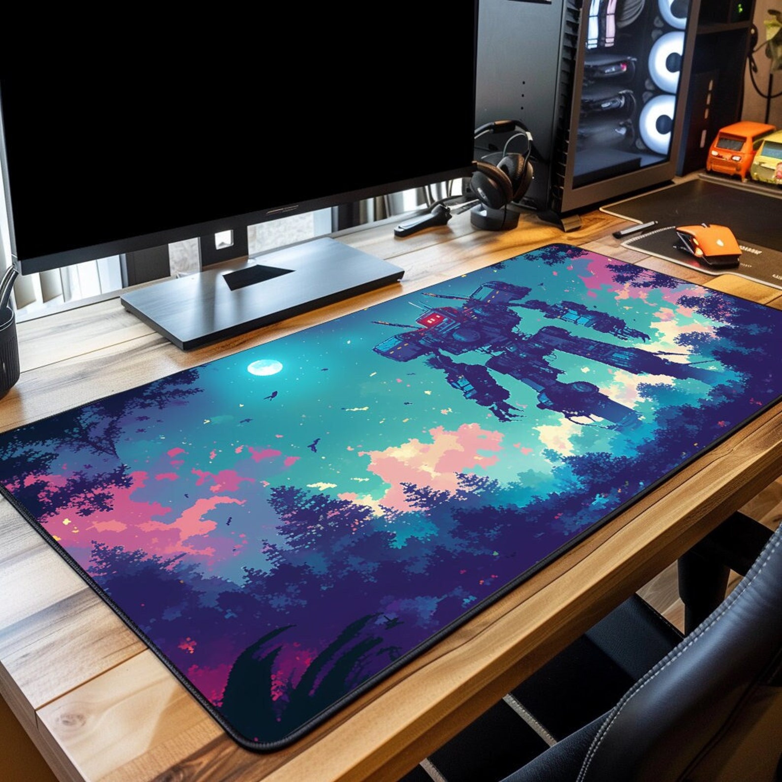 Pixel Art Robot Desk Mat, Pxiel Art Forest Desk Mat, Neon Outrun Desk ...