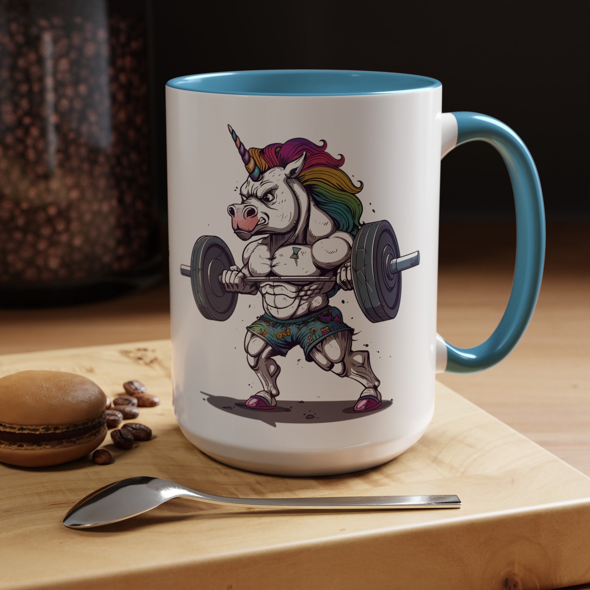 Barbell Curling Male Pride Unicorn Accent Coffee Mug (11, 15oz; Right ...