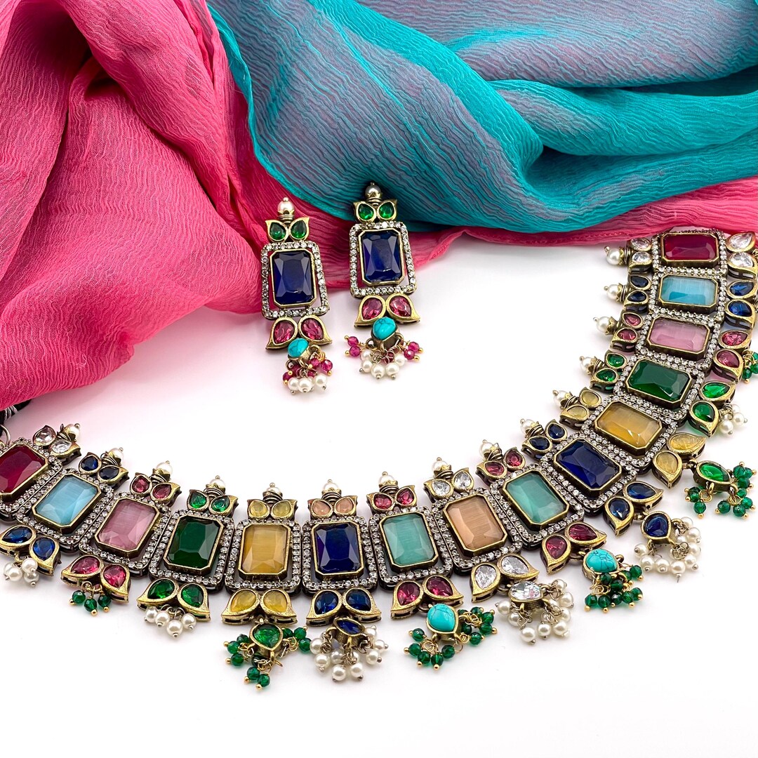 Multi-color Stone & CZ Necklace in Matte Golden Finish - Etsy