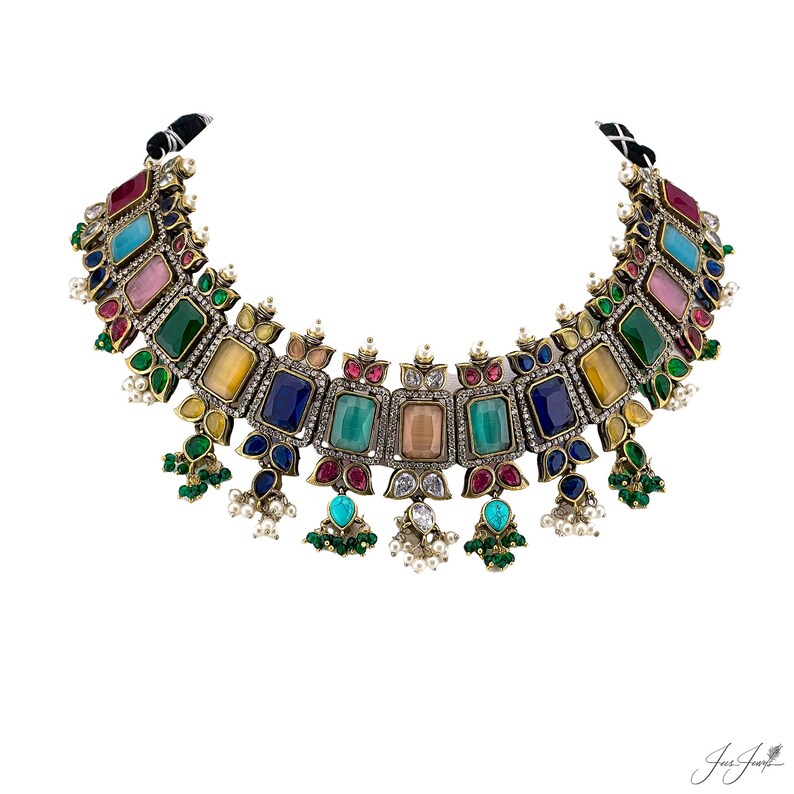 Multi-color Stone & CZ Necklace in Matte Golden Finish - Etsy