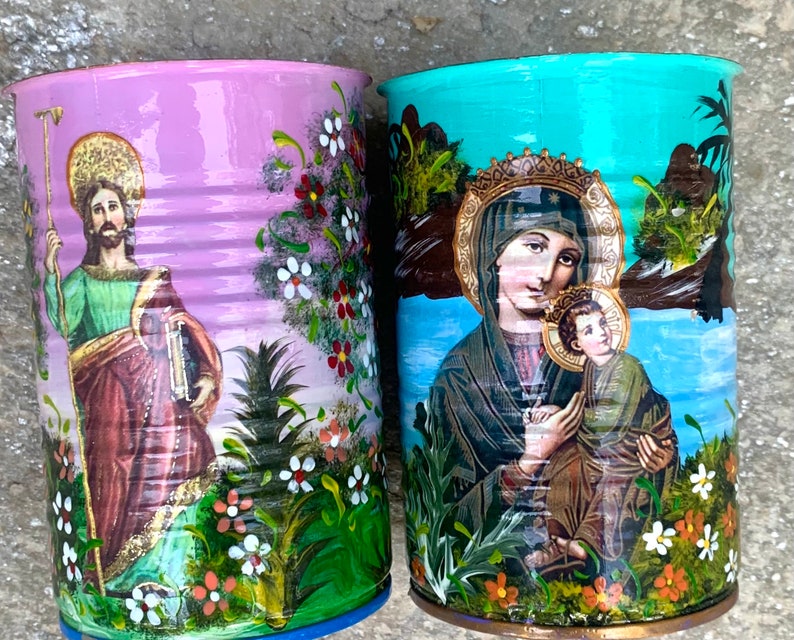 Two Beautiful Collage, Hand Painted Cans With Religious Images - Etsy