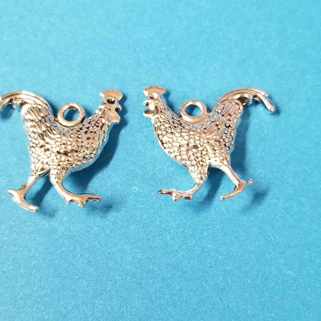 6 pcs Bright Silver Chicken Charm, Double Sided Silver Strutting ...