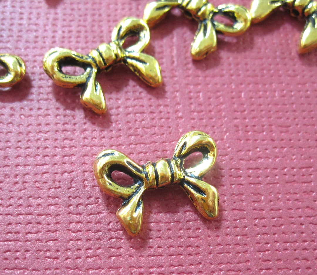 20pcs Antique Gold Bow Beads, Ribbon Beads, Tibetan Style, Lead Free ...