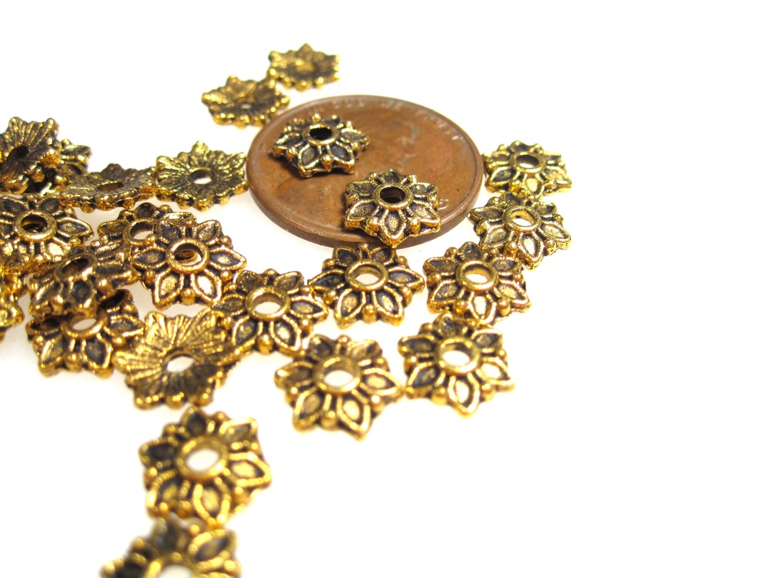 50 Bead Caps, Antique Gold Plated 7x2mm Double Sided Star Bead Caps ...
