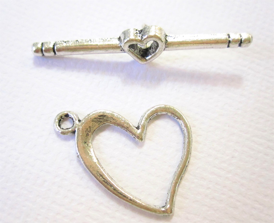 5 Heart Toggle Clasps Antique Silver toggle Heart clasps | Etsy