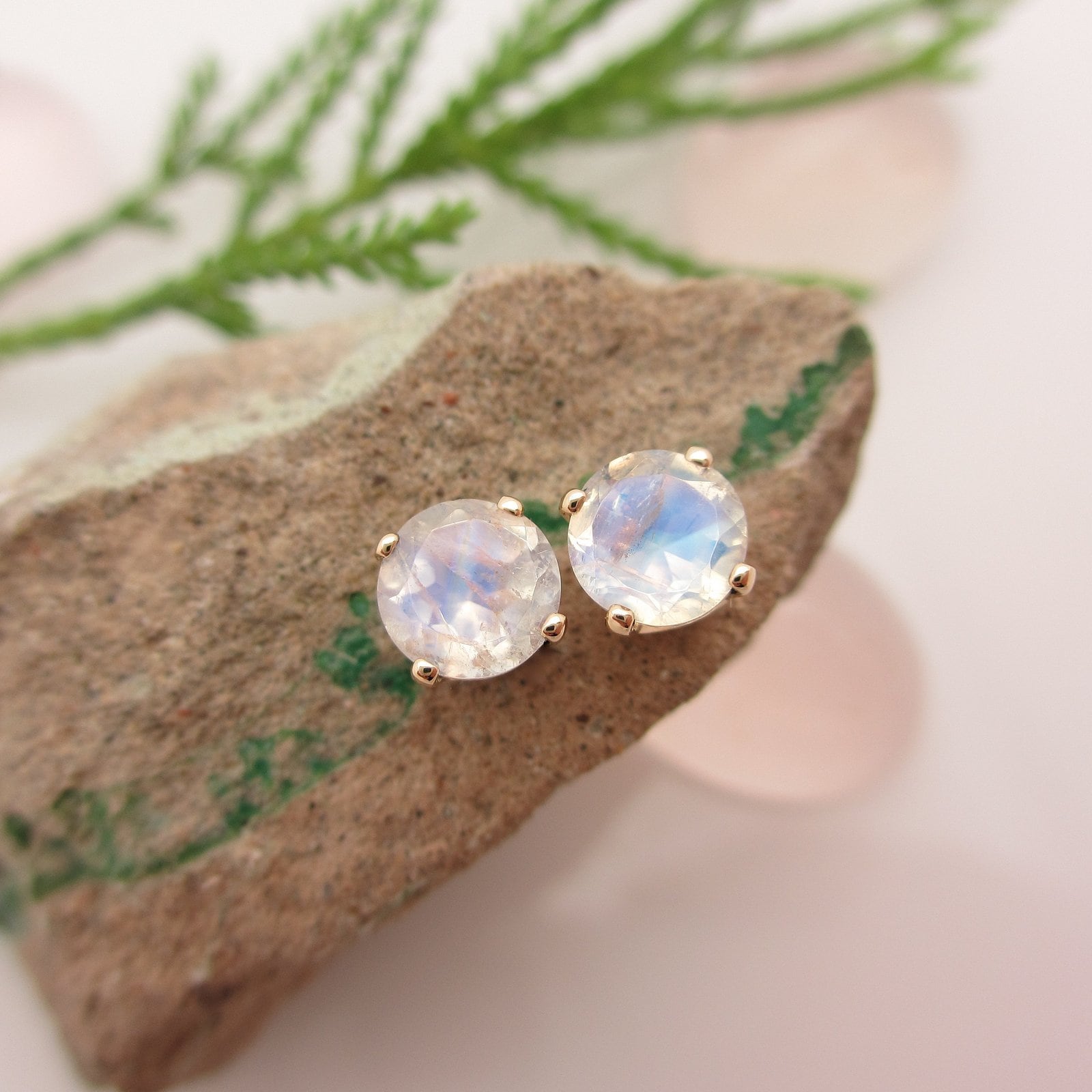 Blue Moonstone Stud Earrings in Gold, Silver, Platinum With Genuine ...