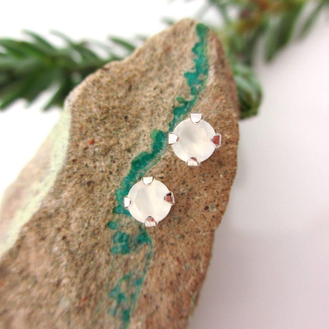 White Moonstone Studs - Genuine White Moonstone Stud Earrings, Real 14k ...
