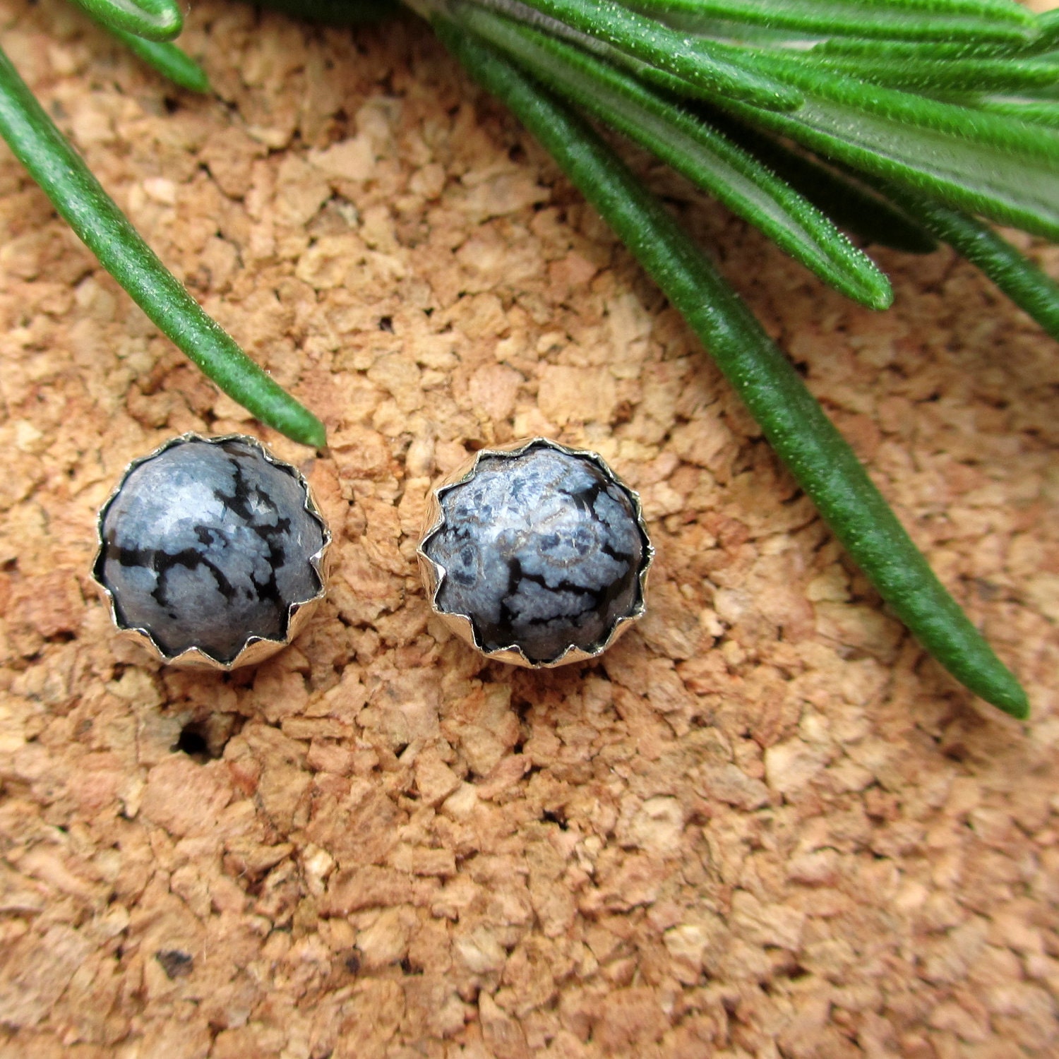 Snowflake Obsidian Cabochon Studs 14k Gold Stud Earrings or | Etsy