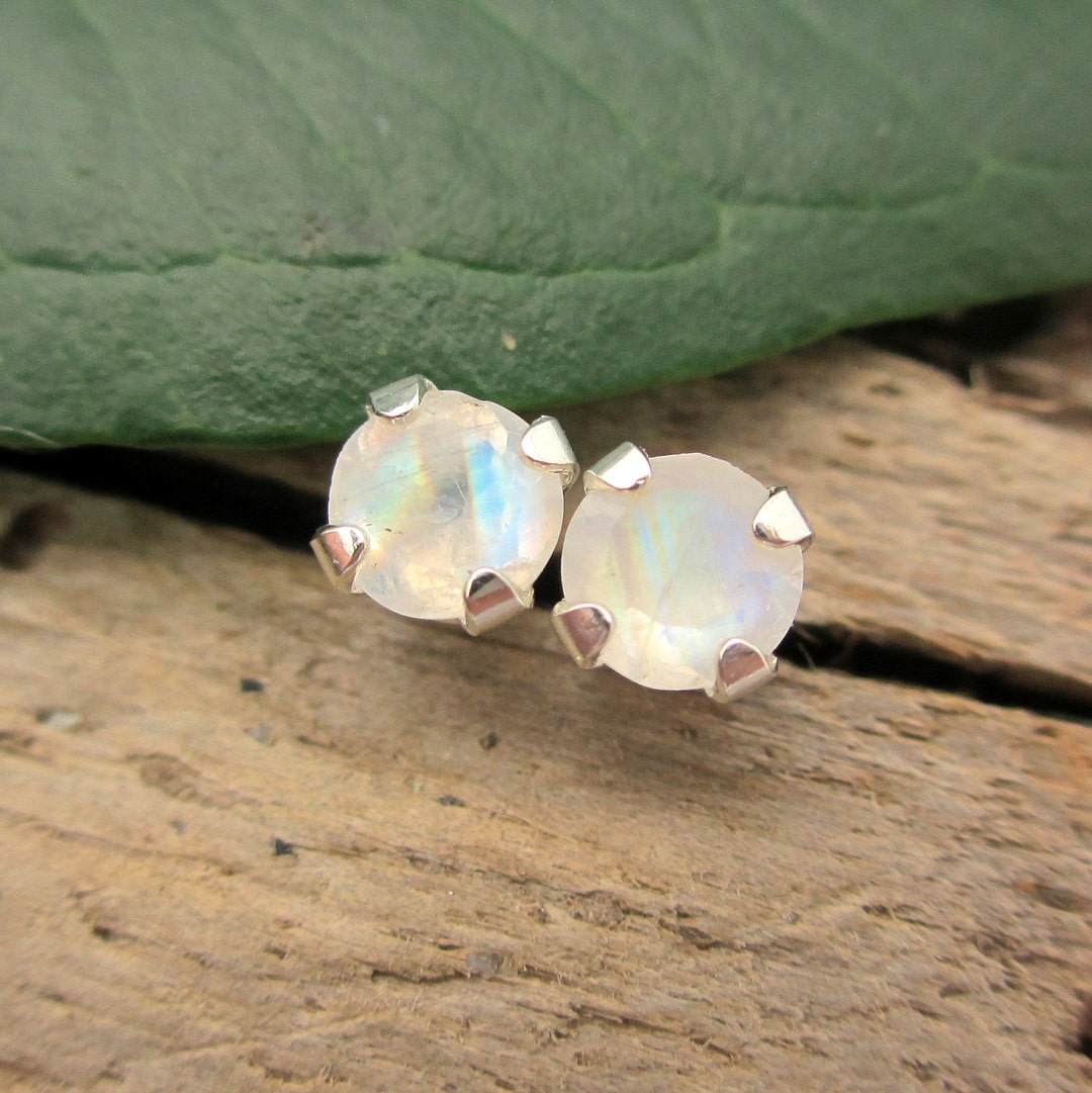 Rainbow Moonstone Stud Earrings in Gold, Silver, Platinum With Genuine ...
