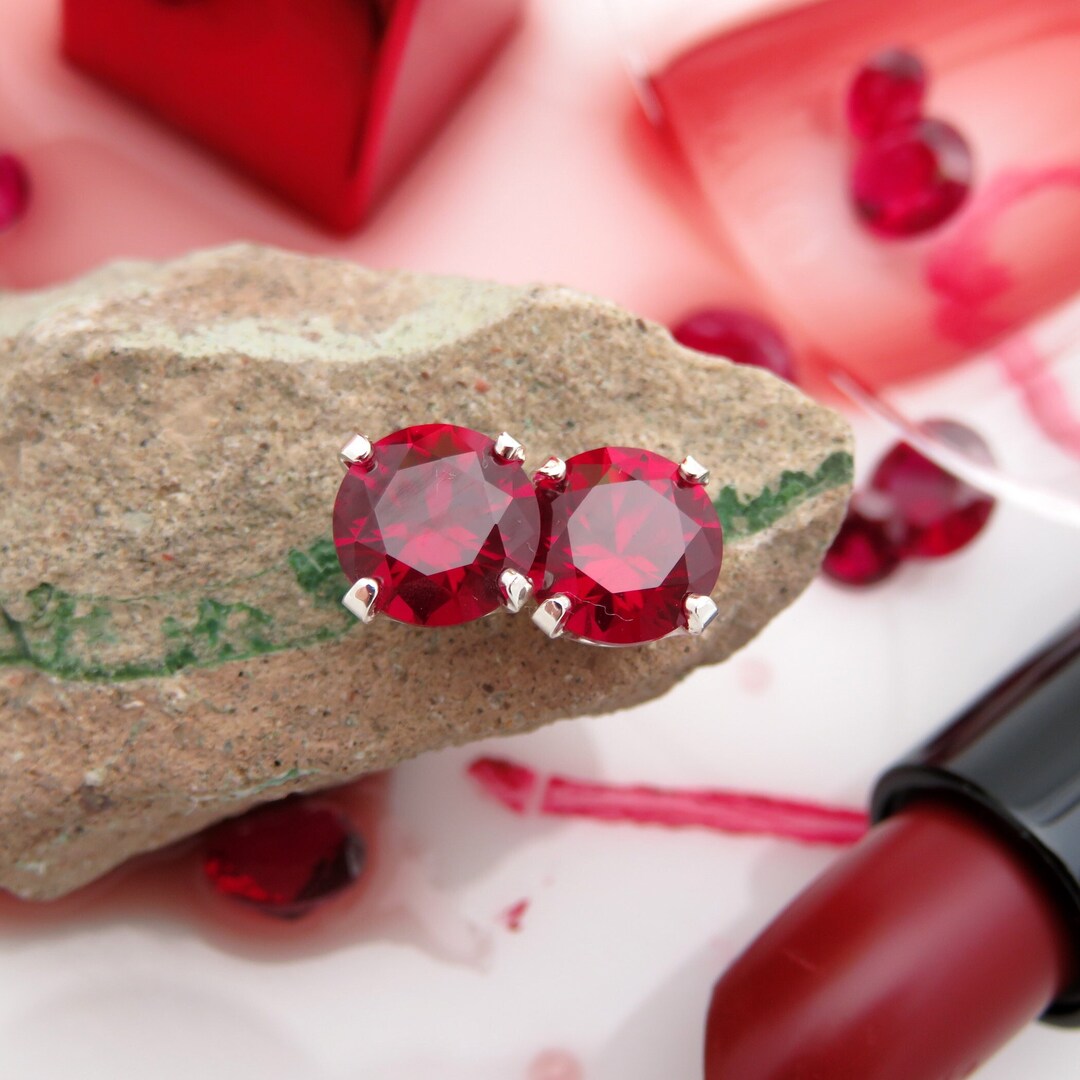 Pigeon Blood Red Ruby Earrings: Solid 14k Gold, Platinum or Sterling Silver Stud Earrings | Dark ...