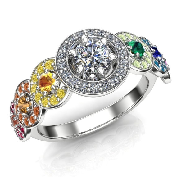 Pride Ring Rainbow Halo Diamond Engagement Ring With Natural and Lab created Stones Etsy