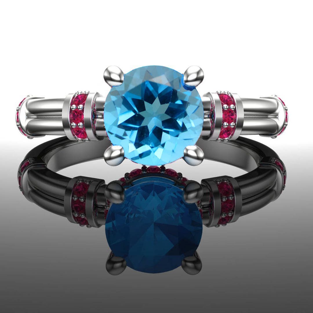 Swiss Blue Topaz and Ruby Statement Ring / USA Custom Gold Ring ...