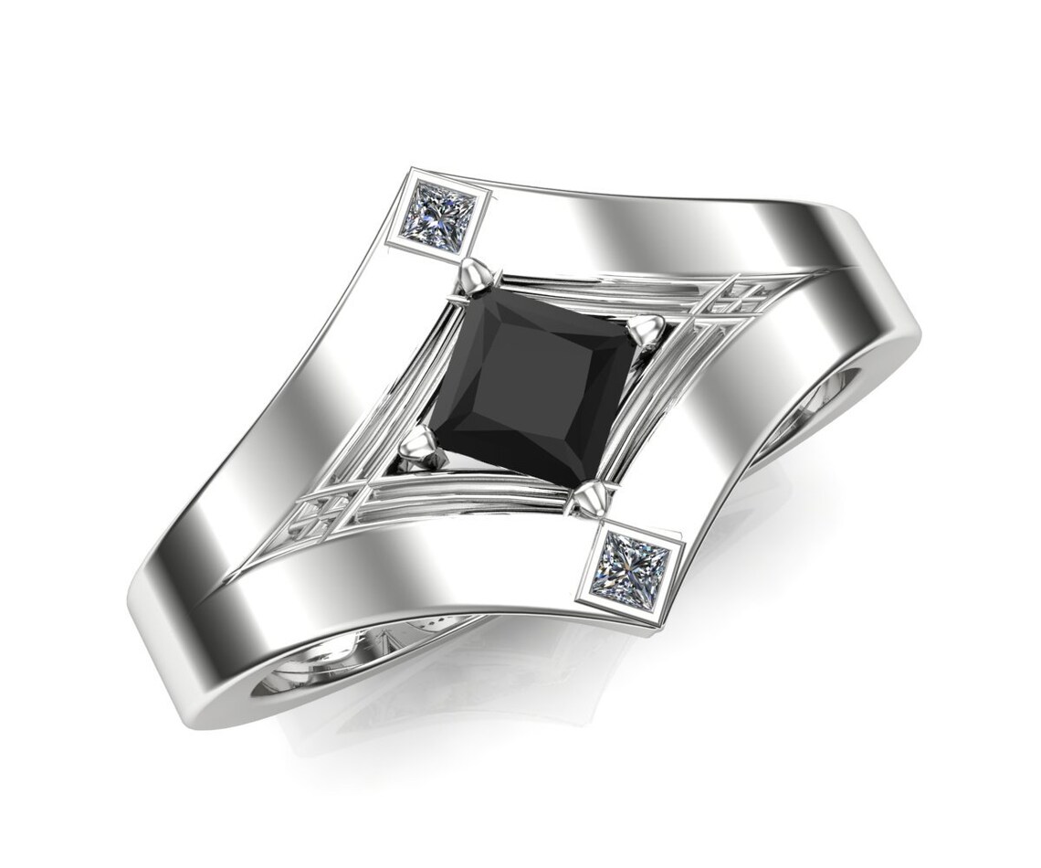 Masculine Engagement Ring Art Deco Design With Black and | Etsy